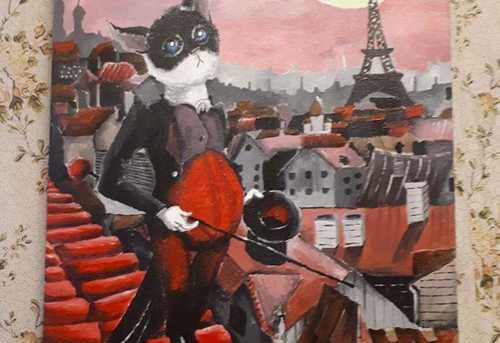 Картина "кот на крыше парижа" на холсте акрил,40 Н