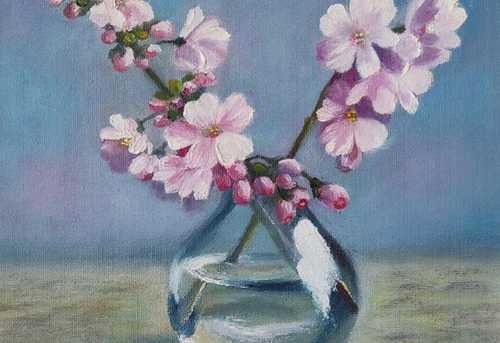 Картина маслом Вишня цветёт, цветочный натюрморт
