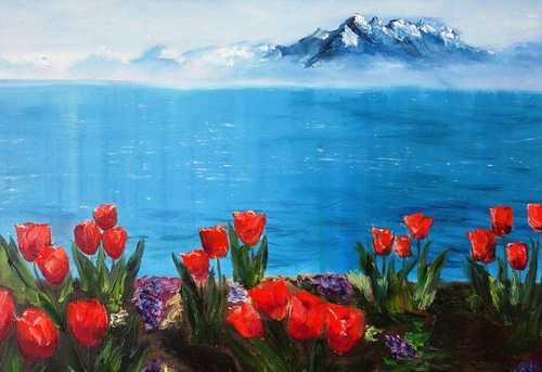 Картина с тюльпанами маслом морской пейзаж