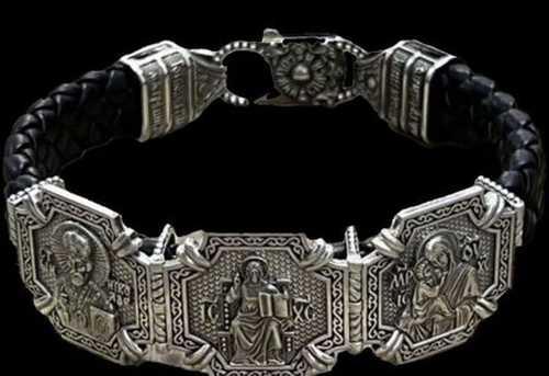 Браслет мужской православный браслет кожа серебро