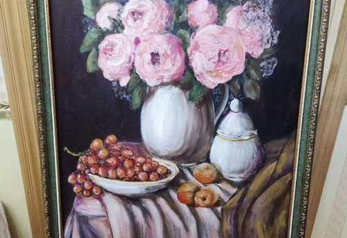 Картина акрилом. Холст. 40x50 см. Розы и виноград