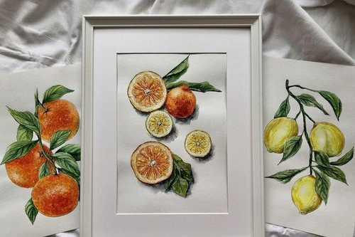 Триптих картины акварелью фрукты