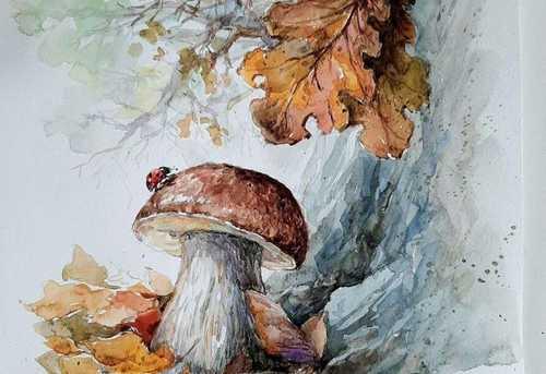 Акварельная картина " Белый гриб под дубом"