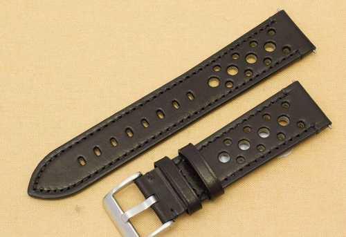 Чёрный кожаный ремешок часов, с дырками 20, 22 мм