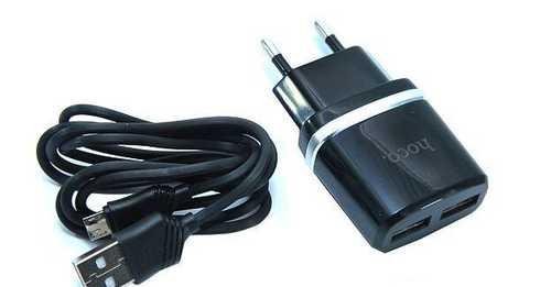 Сзу USB 2.4A 2 выхода hoco C12 кабель Micro черный