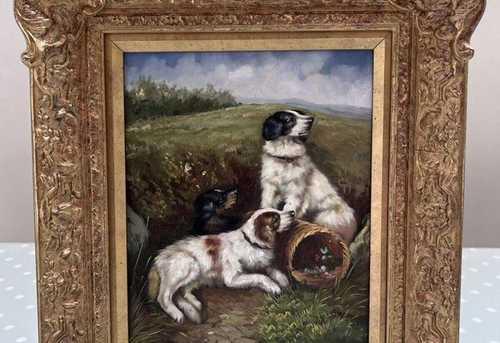 Старинная Картина Маслом Собаки Охота