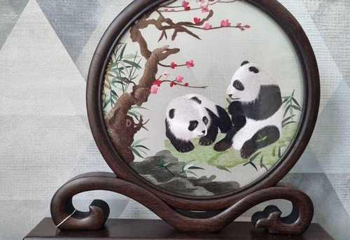 Двусторонняя вышивка панно панды 18.5 см шёлк