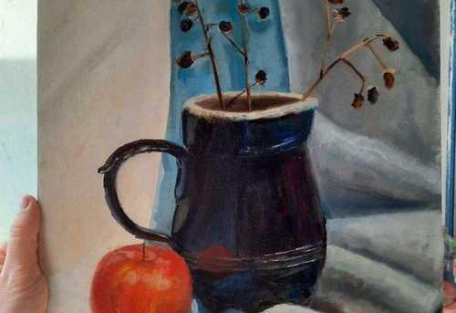 Картина маслом Кувшин и яблоко, натюрморт, 30х40