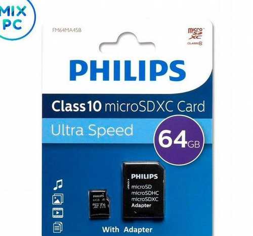 Флеш карта microSD 64GB Philips Premier (SD адаптер)