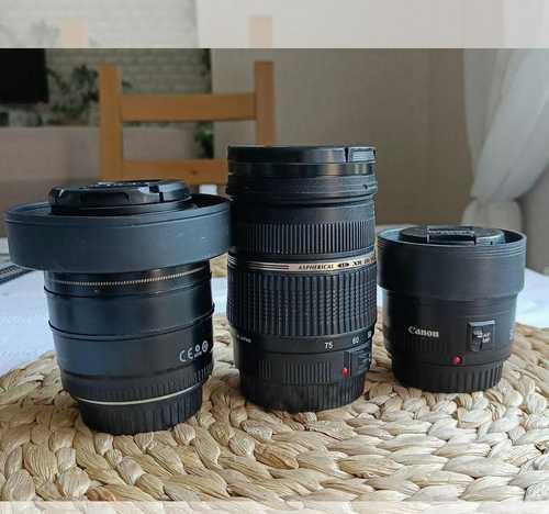 Объективы EF canon 50мм (1,8), 85 мм (1,8), 28-75