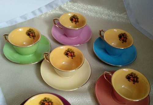 Кофейный набор чашек с блюдцами цветной фарфор