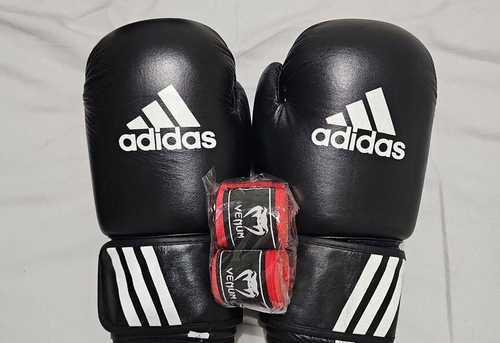 Новые боксерские перчатки 14oz чёрные + бинты