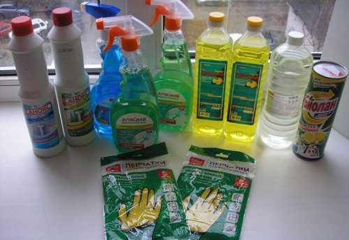 Моющие средства, химия и перчатки