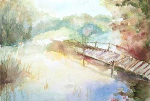 Картина пейзаж акварель река мостик