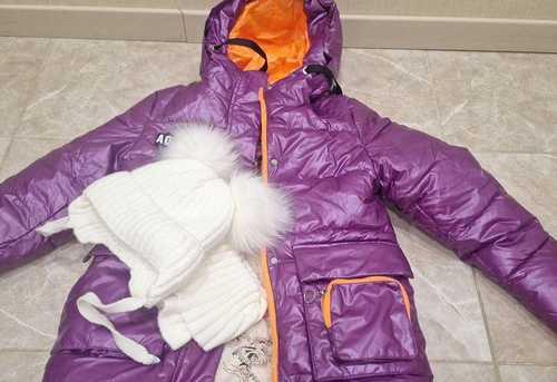 Зимняя куртка для девочки 140 и шапка, снут