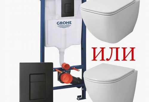 Инсталляция grohe с черной кнопкой и унитаз