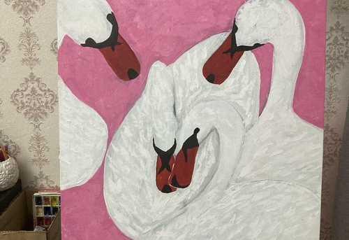 Картина маслом на холсте, лебеди на розовом фоне