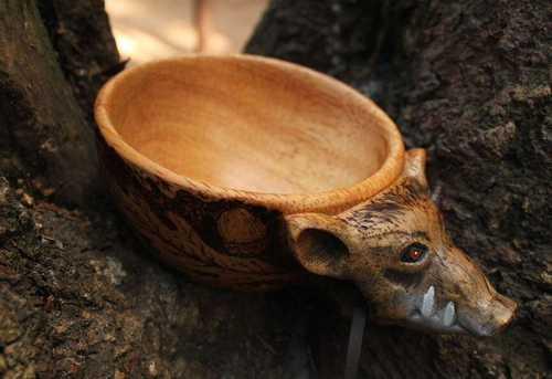 Кружка кукса деревянная с пирографией "Вепрь"