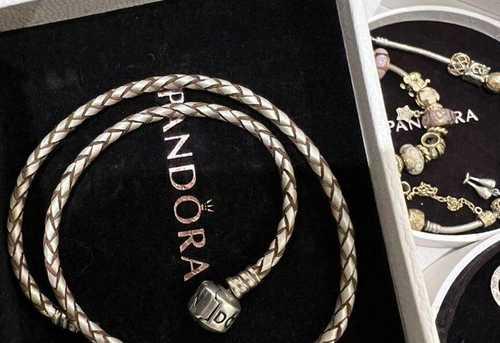 Кожаный браслет Pandora Пандора с сереб. замком