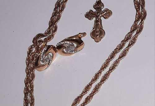 Серебряная позолоченая цепь с крестом и серьги
