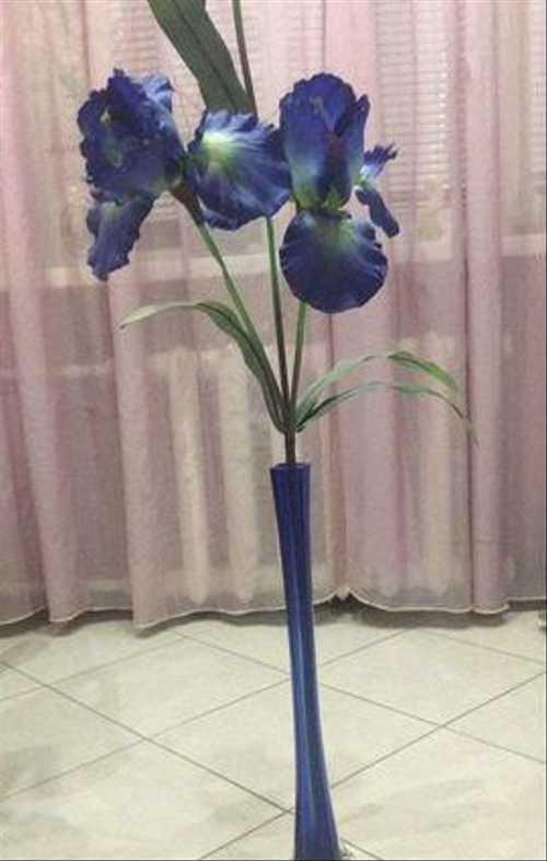 Ваза высокая синее стекло