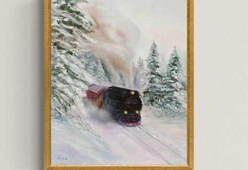Картина "Зимний поезд" 40х50 маслом