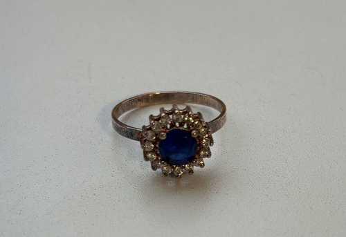 Серебряное позолоченное кольцо 925 с синим камнем