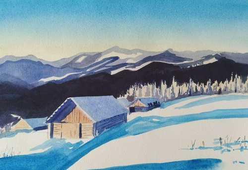Картина Акварель "Зимний пейзаж в горах"
