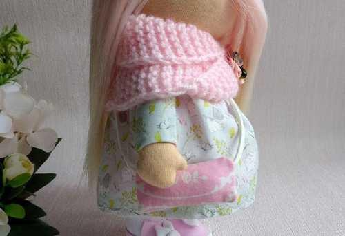 Интерьерная кукла тильда с розовыми волосами