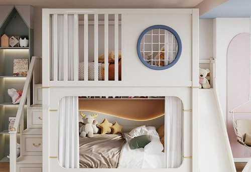 Детская двухъярусная кроватка домик с горкой