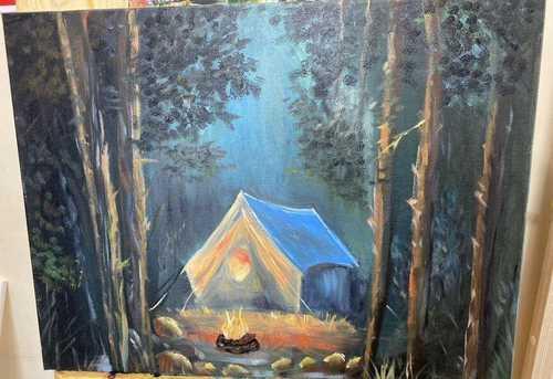 Картина маслом " Палатка в лесу"