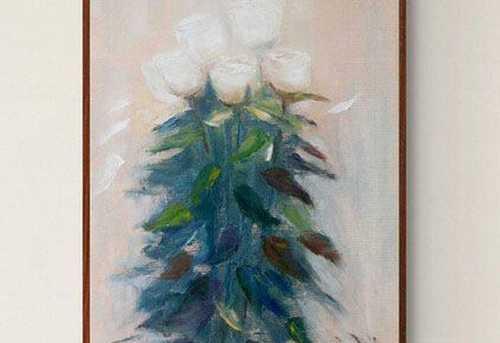 Картина "Белые розы" маслом 45х65