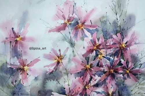 Картина акварельные цветы космея живопись