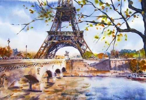 Картина акварелью Эйфелева башня "Париж"