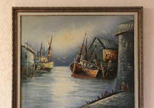 Картина маслом на холсте «Корабли у причала»