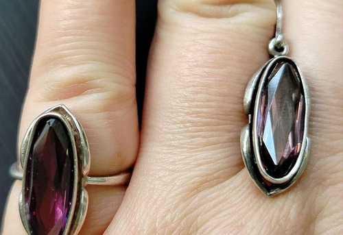 Серебряное кольцо с аметистом и серьга