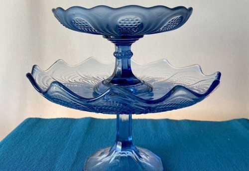 Фруктовница ваза неман стекло синее Винтаж