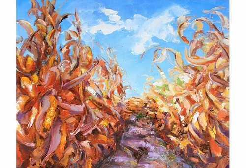 Картина пейзаж Золотая осень с полем кукурузы