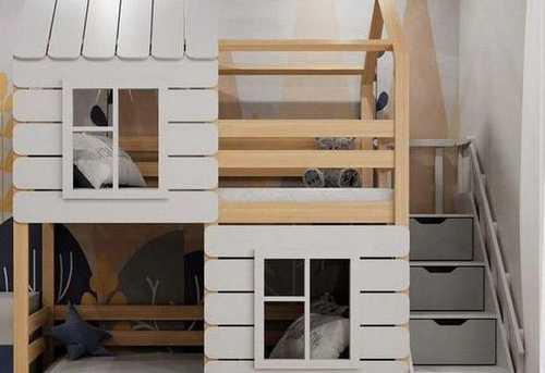 Двухъярусная кровать из массива с лестницей