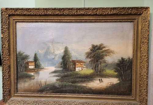 Старинная картина в раме пейзаж