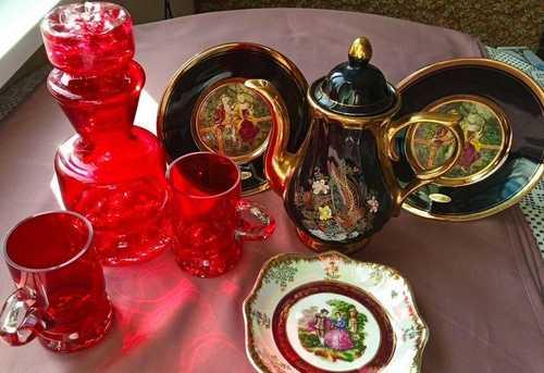 Рубиновое цветное стекло тарелки Япония золото 24к