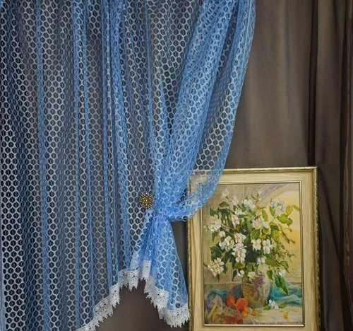 Шторы кухня короткие голубые новые