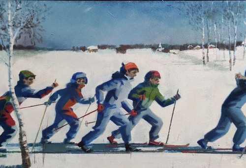 Картина маслом на холсте "Лыжники"