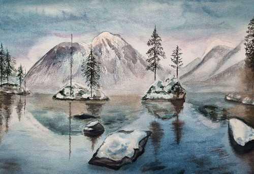 Картина акварель "Горное озеро" формат 27х39 см