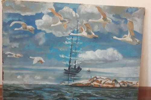 Картина "Море, парусник, гуси"). Маслом. Холст