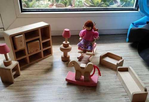 Набор деревянной мебели с куколками для игрушечног