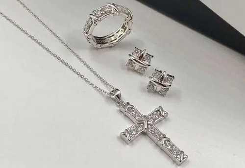 Серьги крест кольцо Tiffany 16 stones