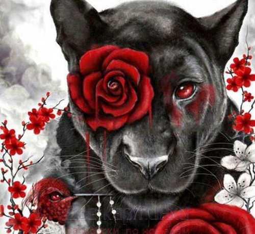Картина по номерам 40x50 Пантера среди красных роз