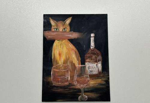 Картина кот с бутылкой виски, акрил 15х20 см