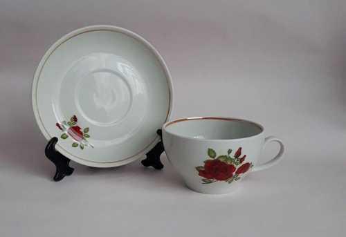 Винтажная чайная пара белый фарфор с рисунком роза